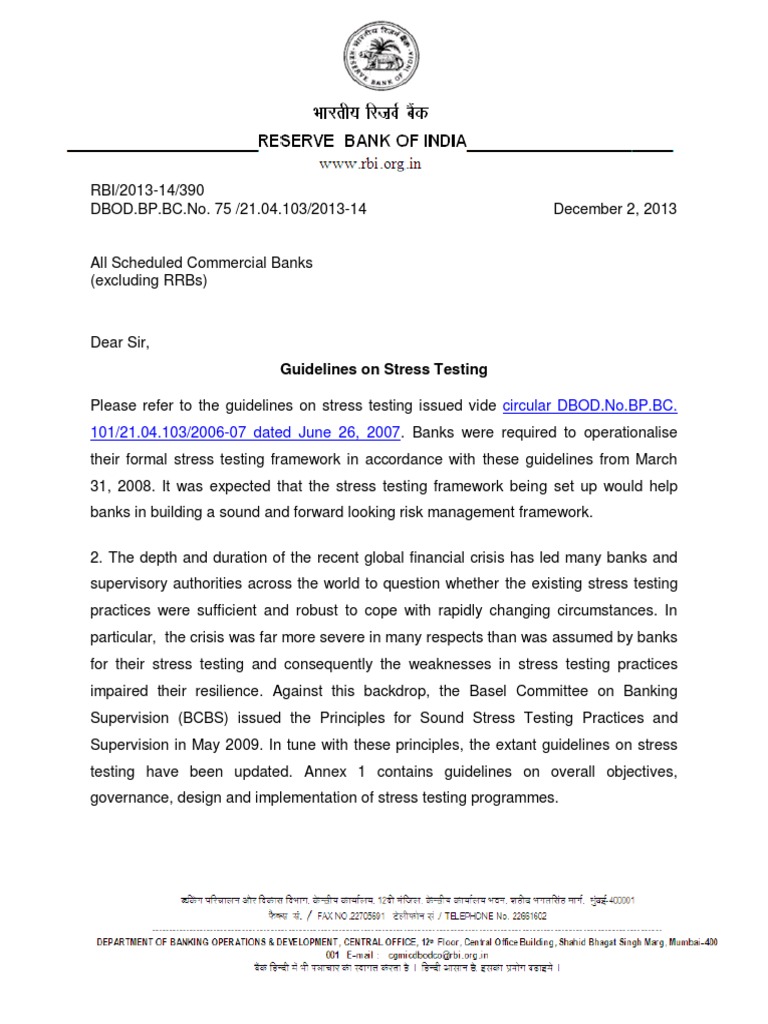 RBI Guidelines On Stress Testing | PDF | Stress Test (Financial ...