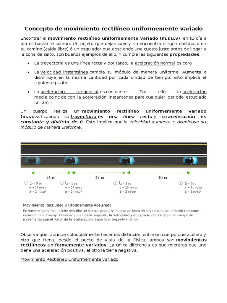 Concepto de Movimiento Rectilíneo Uniformemente Variado | PDF ...