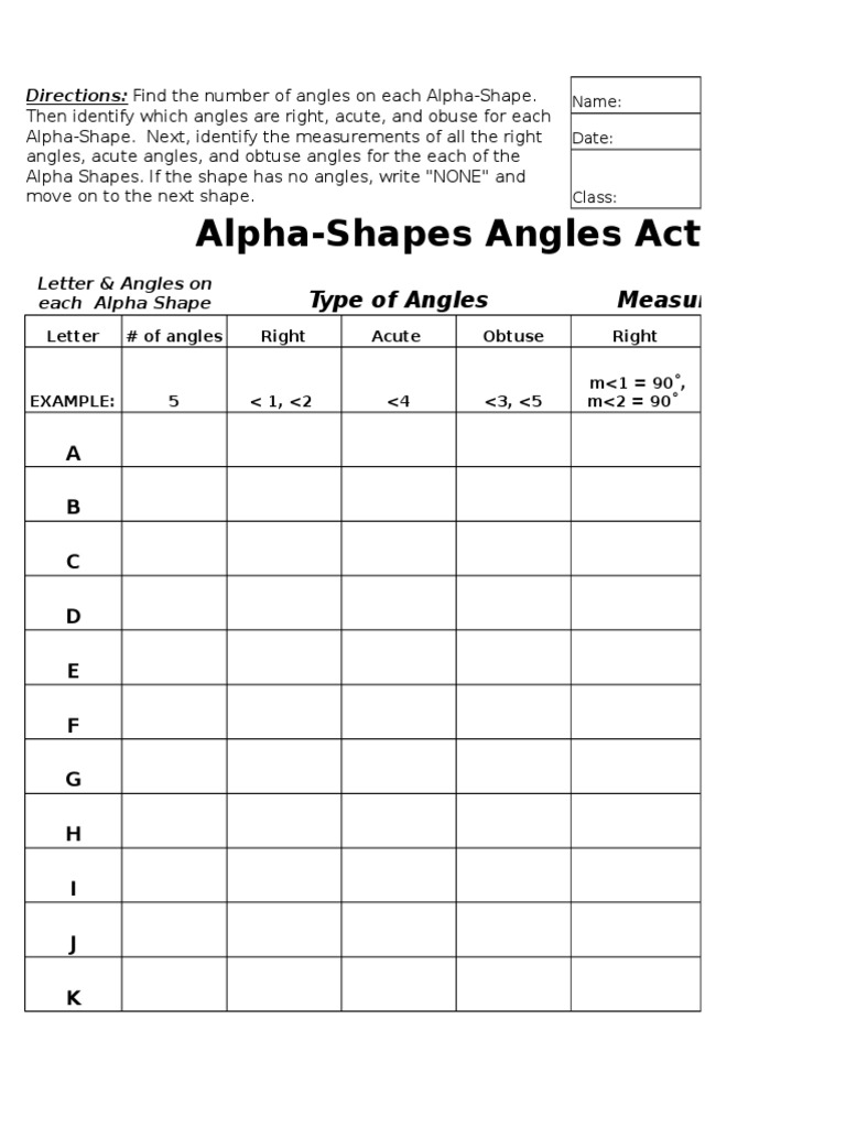 Alpha-Shapes Angles Activity: Type of Angles Measurement of Angles | PDF