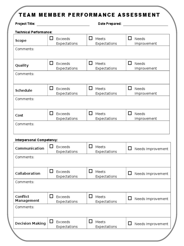 Team Member Performance Assessment: Project Title: Date Prepared ...