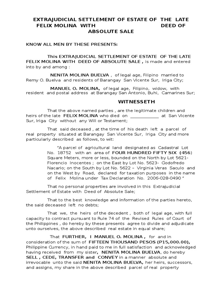Extrajudicial Settlement of Estate Among Heirs With Deed of Absolute Sale-Ellen | PDF | Deed ...