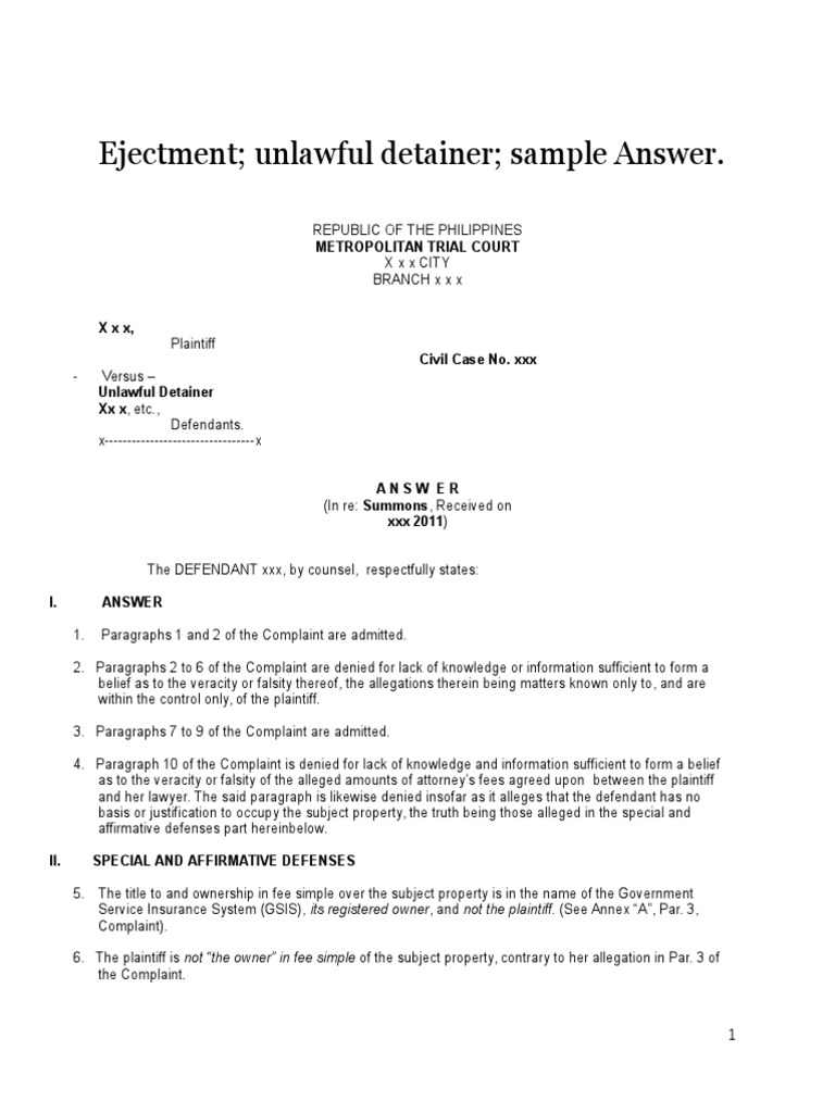 Ejectment Unlawful Detainer Sample Answer.: Metropolitan Trial Court | PDF | Lawsuit | Complaint