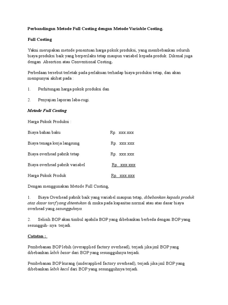 Perbandingan Metode Full Costing Dengan Metode Variable Costing | PDF