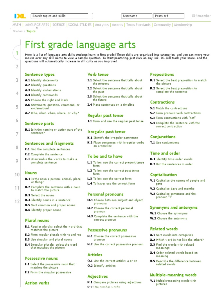 IXL - First Grade Language Arts Practic | PDF