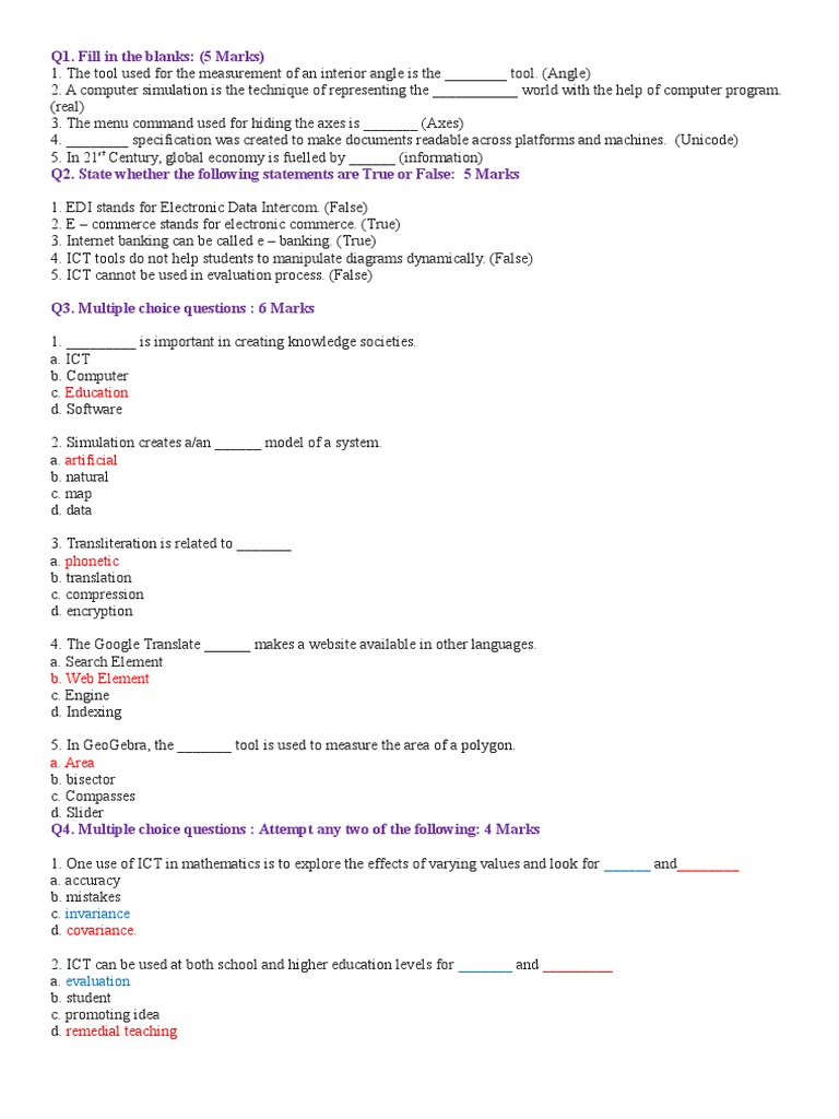 Q1. Fill in The Blanks: (5 Marks) : Education | PDF | Educational ...