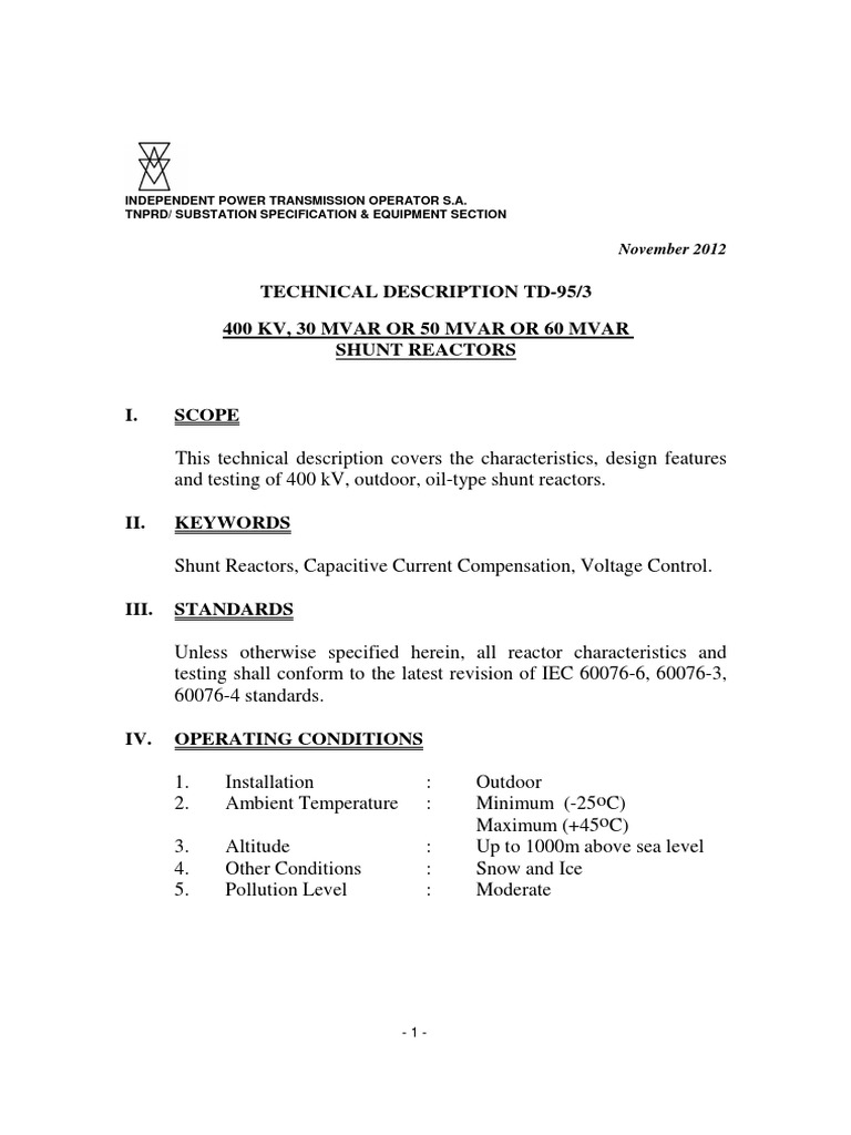 Technical Description Td-95/3 400 KV, 30 Mvar or 50 Mvar or 60 Mvar ...