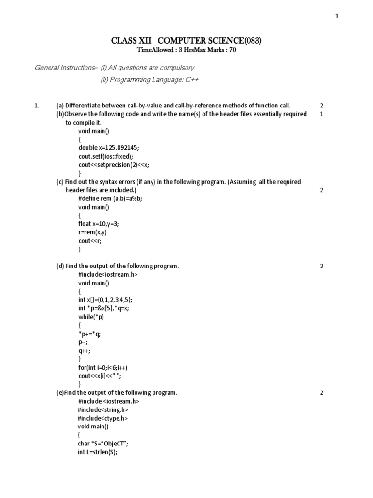 Class Xii Computer Science (083) : General Instructions - (I) All Questions Are Compulsory (Ii ...
