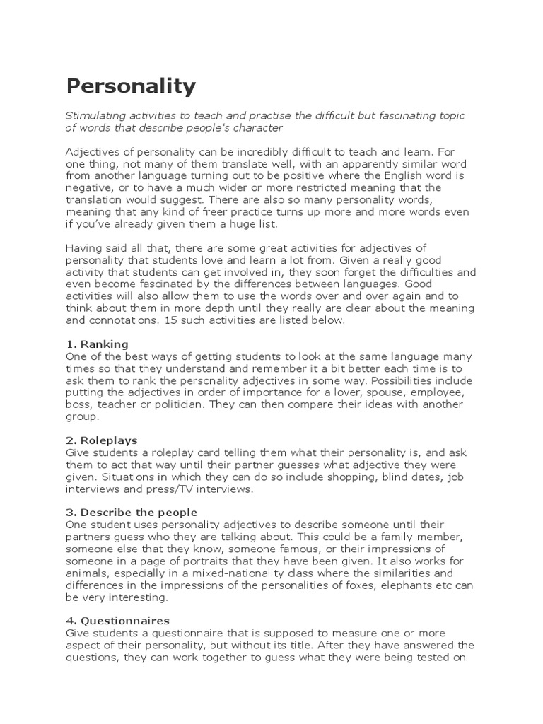 Engaging Activities for Personality Adjectives | PDF | Questionnaire ...