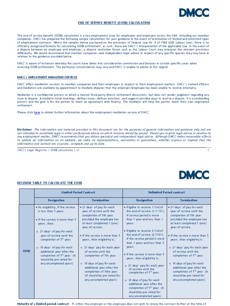 End of Service Benefit (Eosb) Calculation: DMCC'S Employment Mediation ...