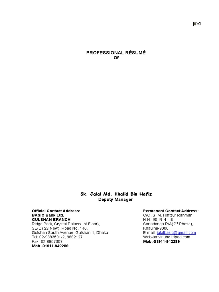 Professional Résumé: Official Contact Address: BASIC Bank Ltd. Gulshan ...