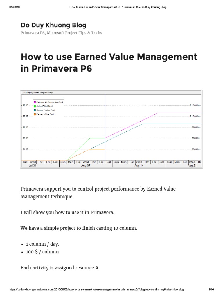 How To Use Earned Value Management in Primavera P6 - Do Duy Khuong Blog | PDF | Business | Computing