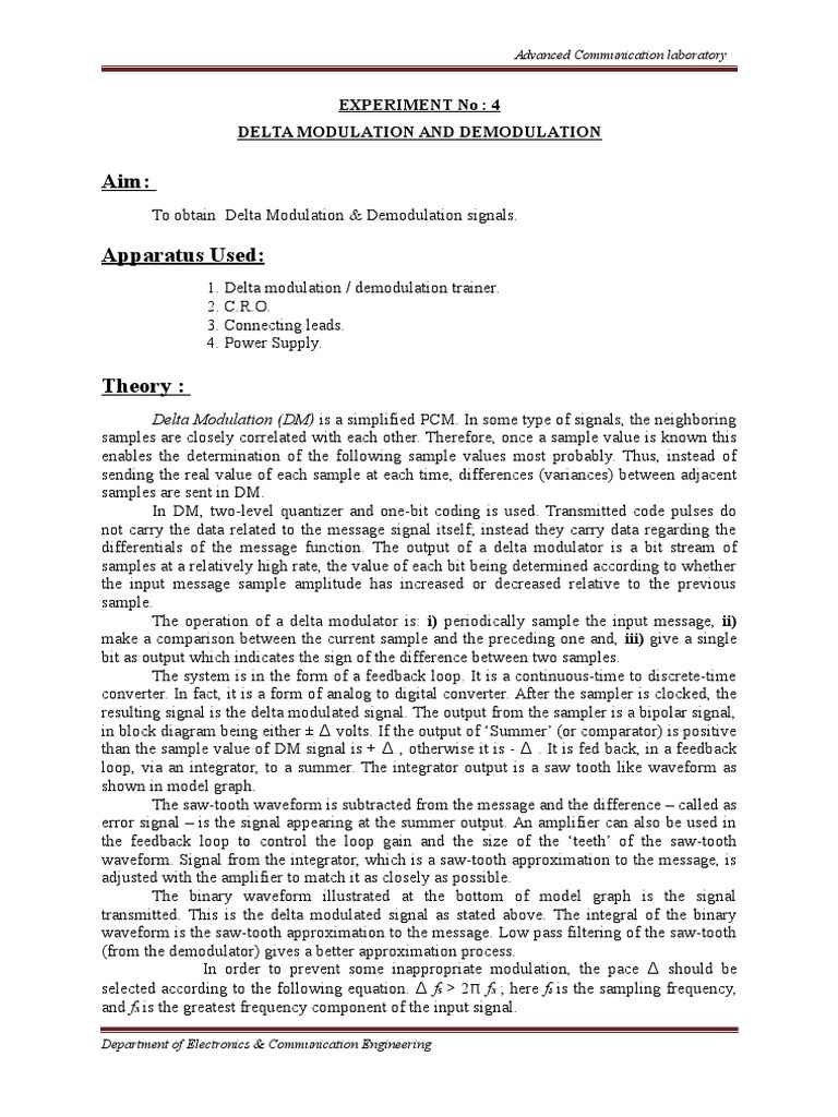 Experiment No: 4 Delta Modulation and Demodulation | PDF | Modulation | Sampling (Signal Processing)