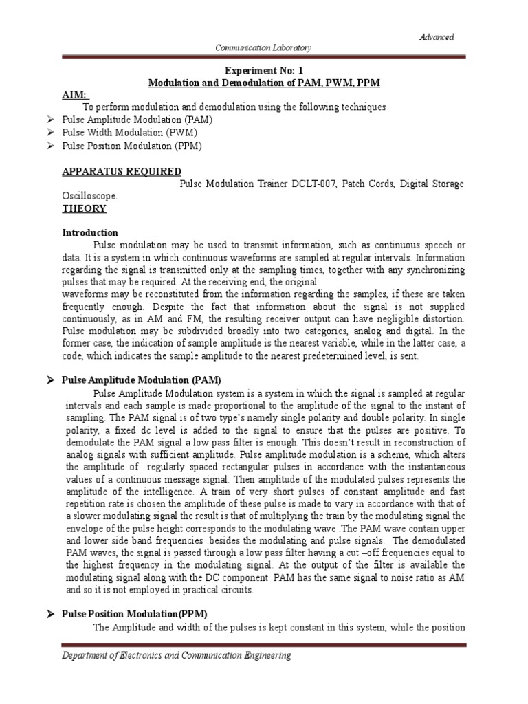 Experiment No: 1 Modulation and Demodulation of PAM, PWM, PPM Aim | PDF ...