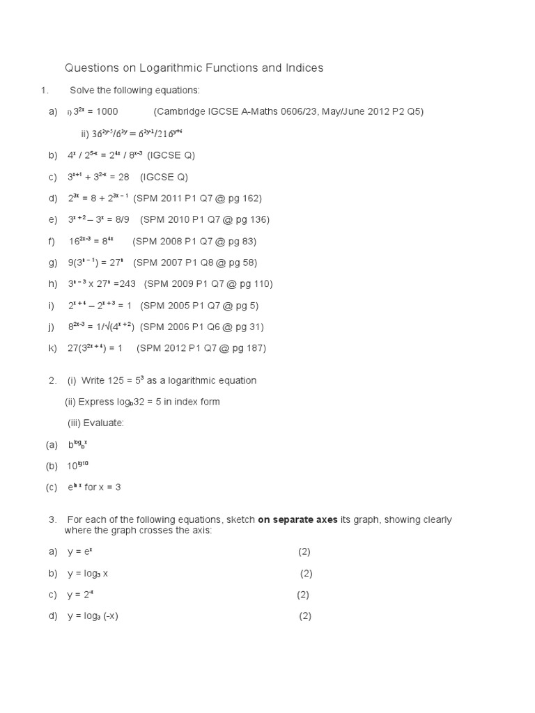 Questions On Logarithmic Functions and Indices | PDF | Elementary ...