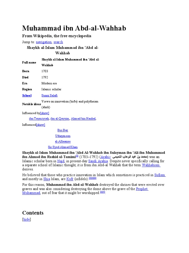 Muhammad Ibn Abd Al Wahhab 1703 1792 | PDF | Wahhabism | Sunni Islam