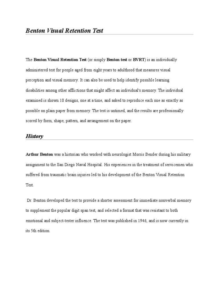 Benton Visual Retention Test | PDF | Neuroscience | Neuropsychological ...