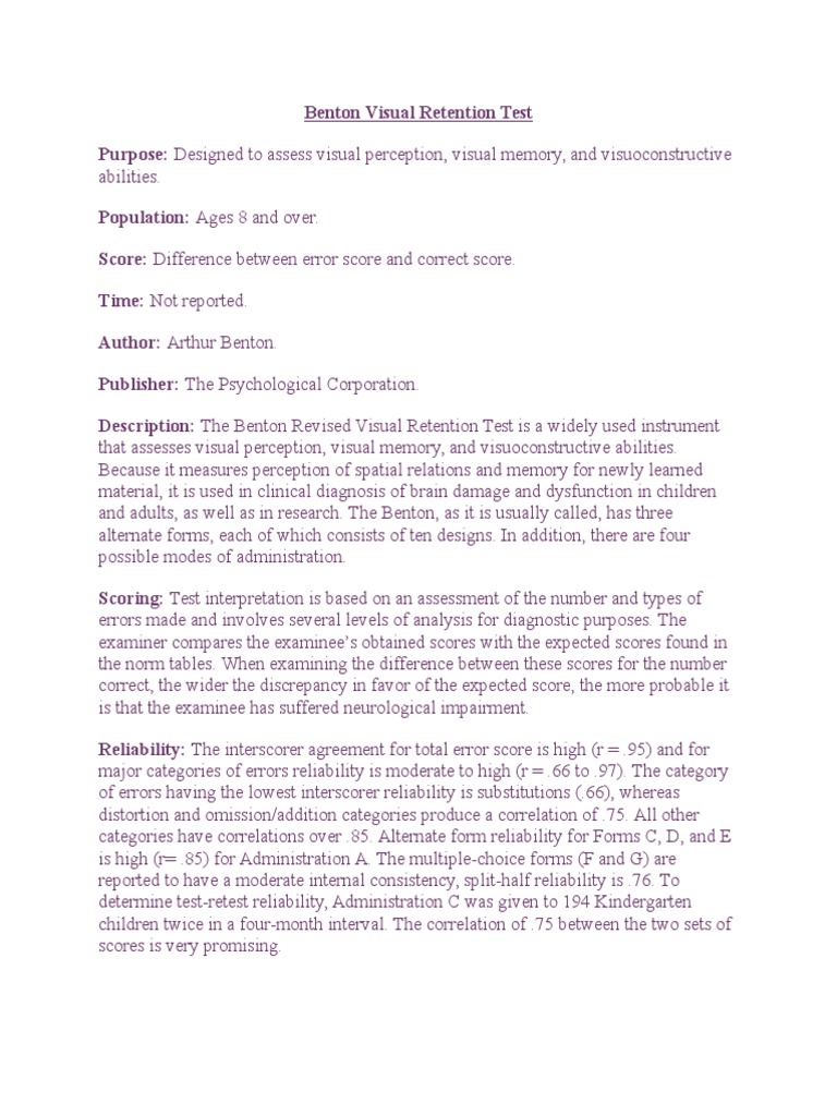 Benton Visual Retention Test | PDF | Test (Assessment) | Data Collection