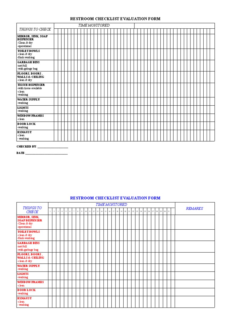 Restroom Checklist Evaluation Form: Things To Check Time Monitored | PDF