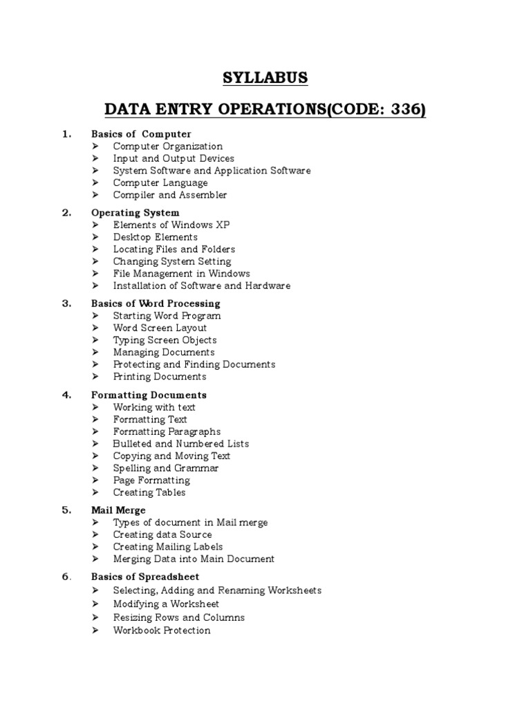 Syllabus Data Entry Operations (Code: 336) : 1. Basics of Computer | PDF | Computers