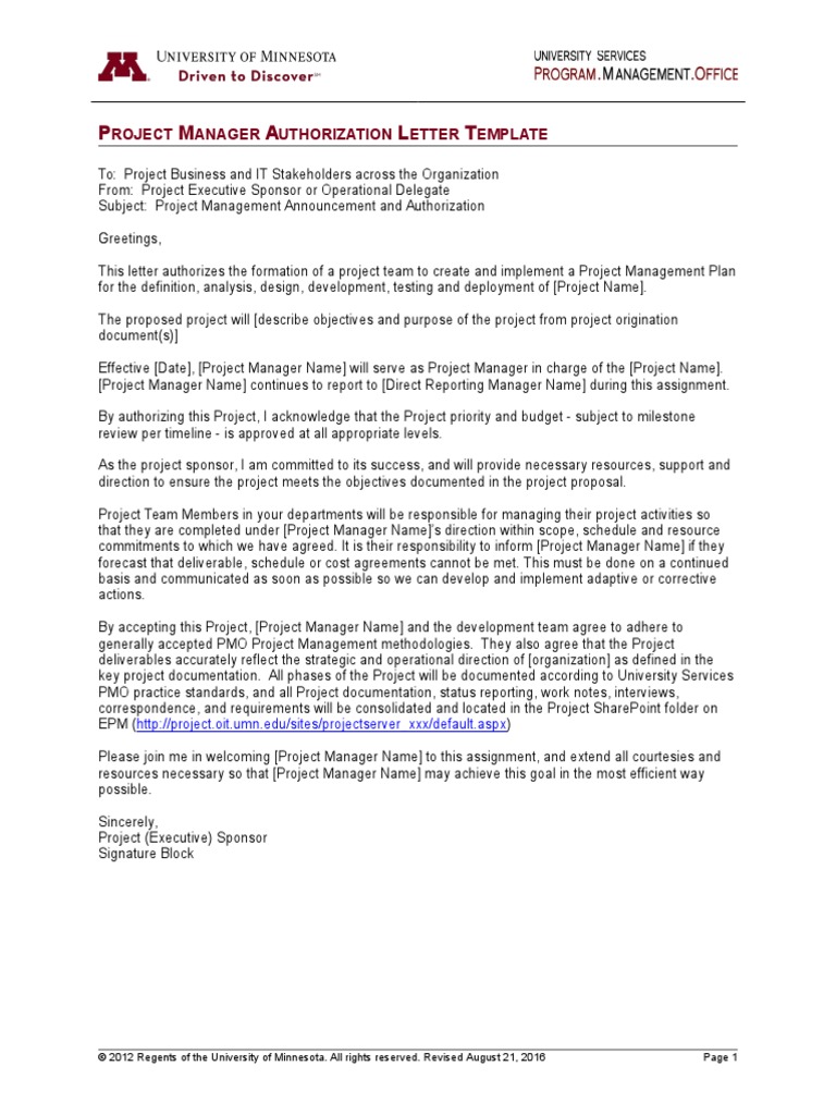TEMPLATE PM Authorization Letter | PDF | Project Manager | Project ...