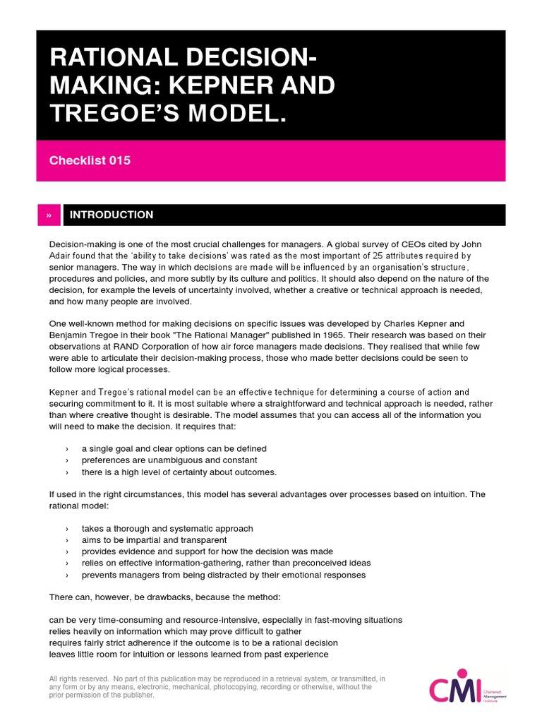 Rational Decision-Making: Kepner and Tregoe'S Model.: Checklist 015 ...