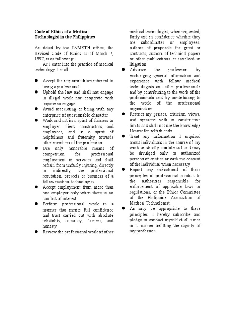 Medical Technology Code of Ethics | PDF