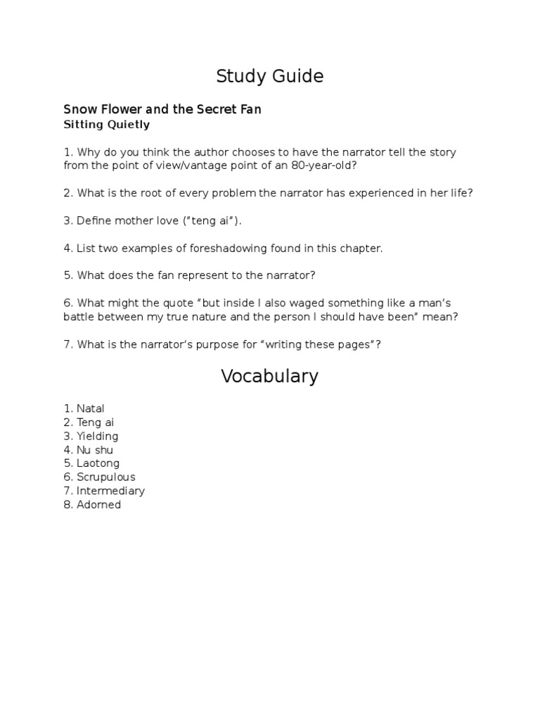 Study Guide for Snow Flower and the Secret Fan | PDF