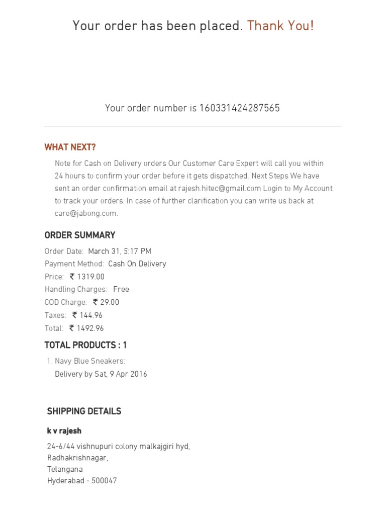 Your Order Has Been Placed.: Thank You! | PDF