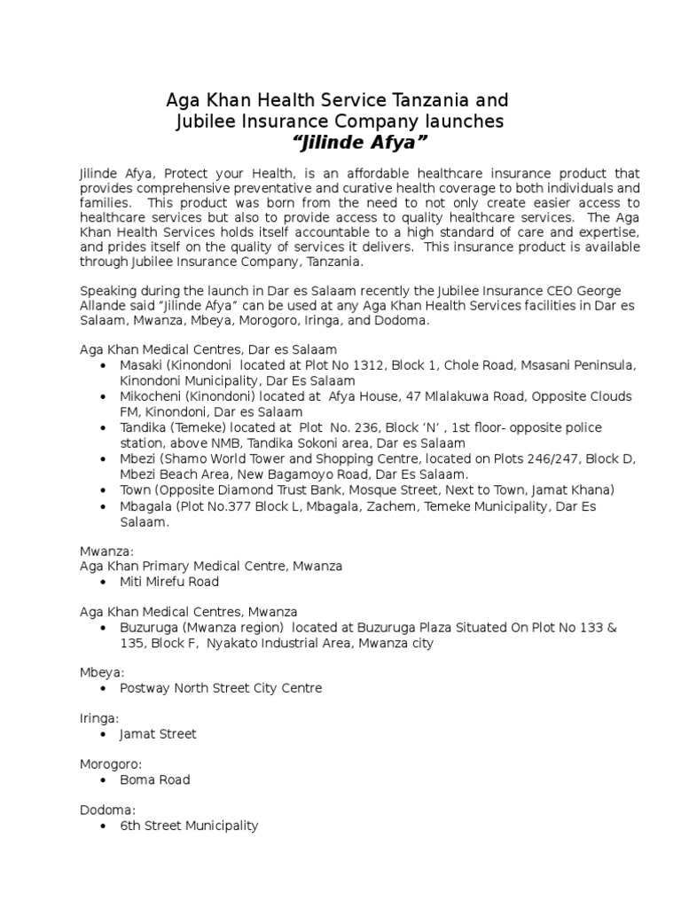 Aga Khan Health Service Tanzania and Jubilee Insurance Company Launches ...