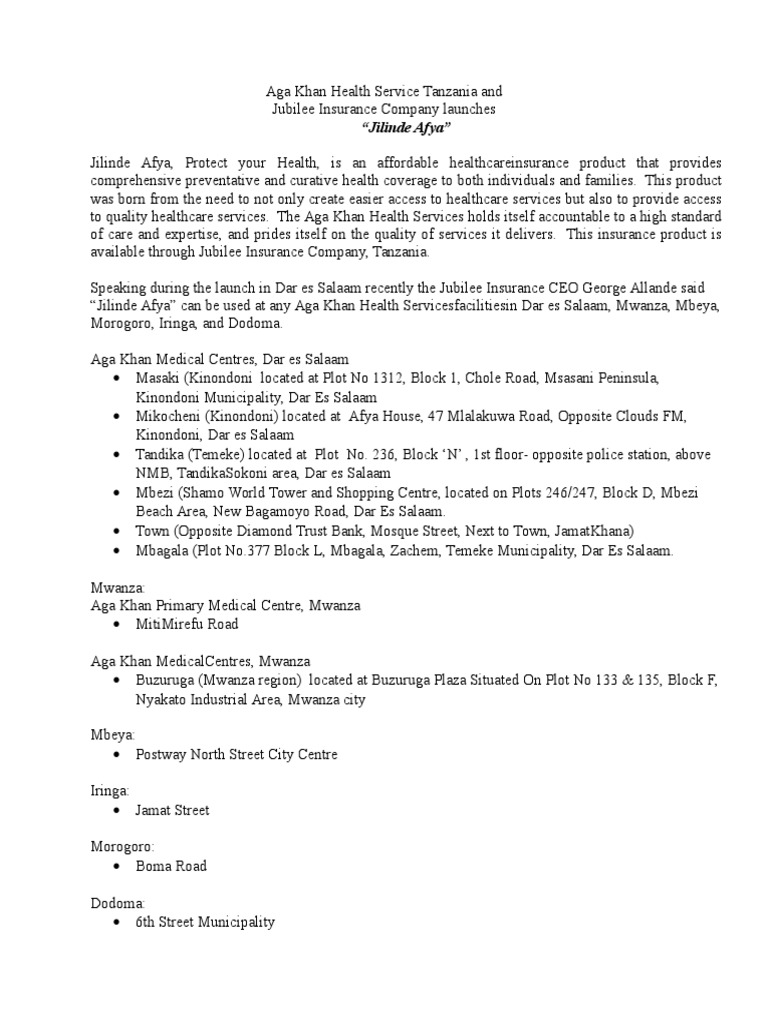 Jubilee Insurance & Aga Khan Launches Jilinde Afya Product | PDF ...