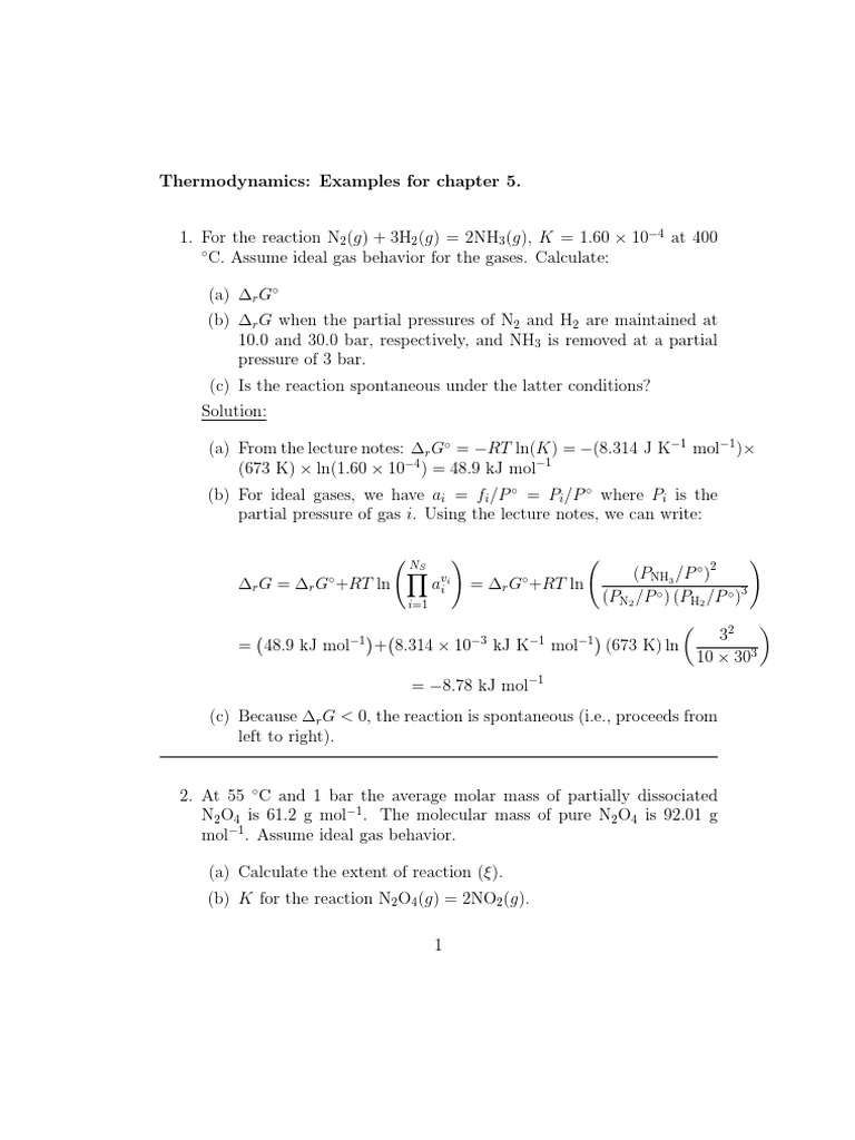 Thermodynamics: Examples For Chapter 5 | PDF | Chemical Equilibrium | Gases