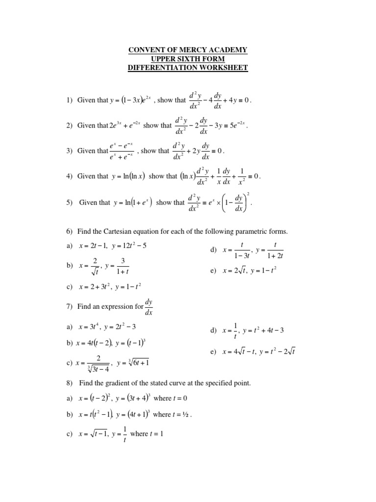 Differentiation Worksheet for Students | PDF | Tangent | Trigonometric ...
