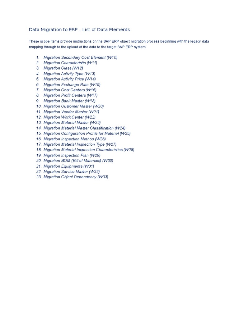 Data Migration To ERP - List of Data Elements | PDF