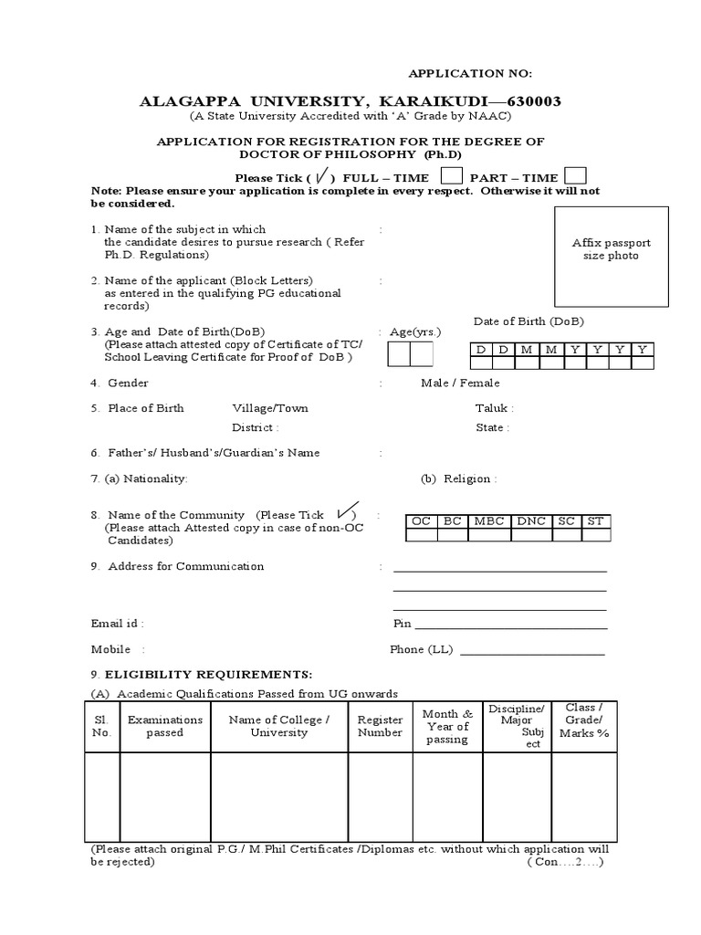 Alagappa University PhD Registration Form | PDF | Doctor Of Philosophy ...