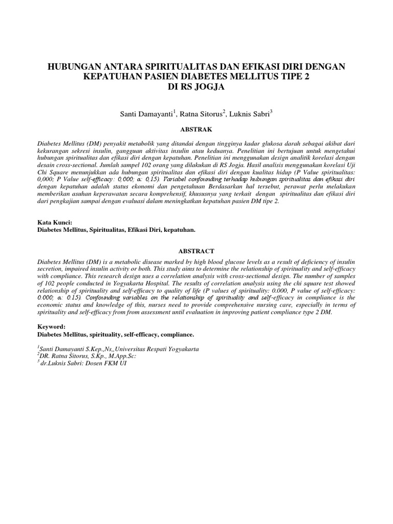 Hubungan Antara Spritiualitas Dengan Efikasi Diri Dengan Kepatuhan Pasien DM Tipe 2 | PDF ...