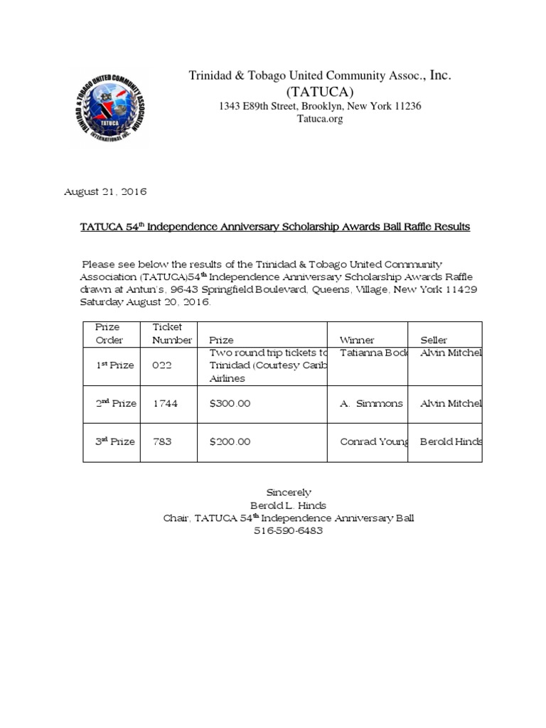 TATUCA 54th Independence Raffle Results | PDF