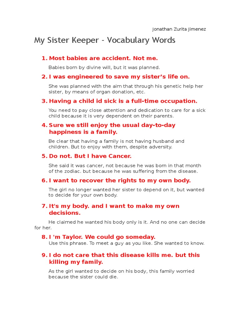 My Sister Keeper: Key Vocabulary Insights | PDF