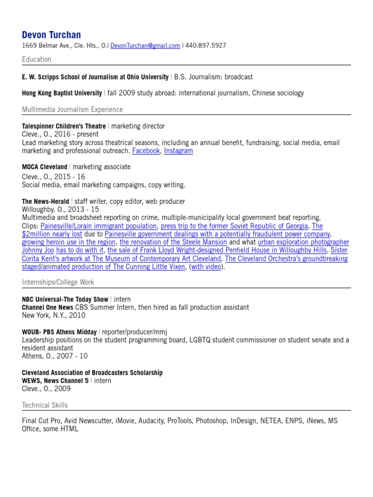 Devon Turchan Media Resume Aug. 2016 | PDF