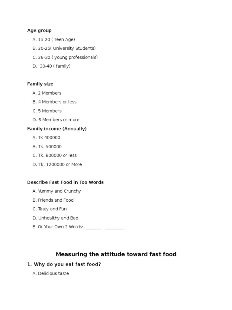 Question - Fast Food | PDF