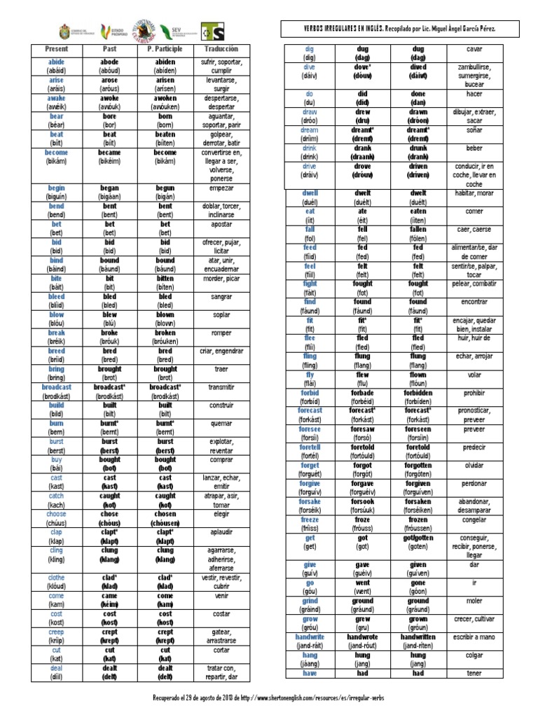 Lista de verbos irregulares en inglés | PDF
