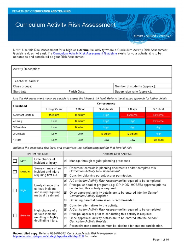 Completed Risk Assessment For The Excursion 28 August Yr 2 2016 | PDF ...