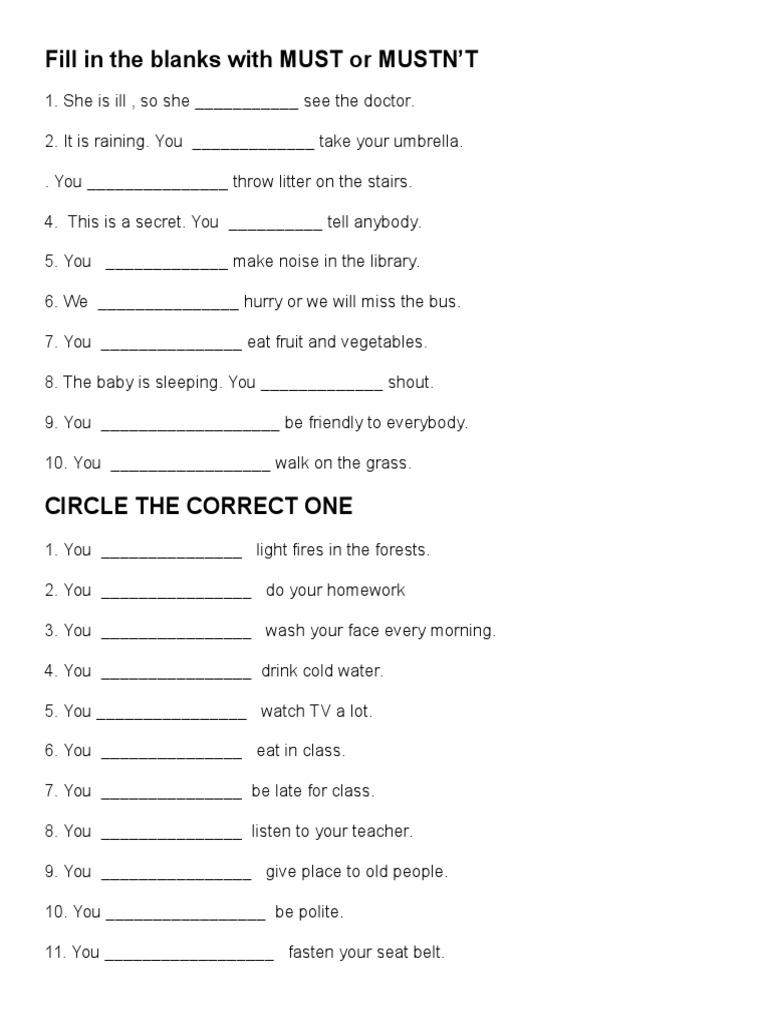 Fill in The Blanks With MUST or MUSTN | PDF