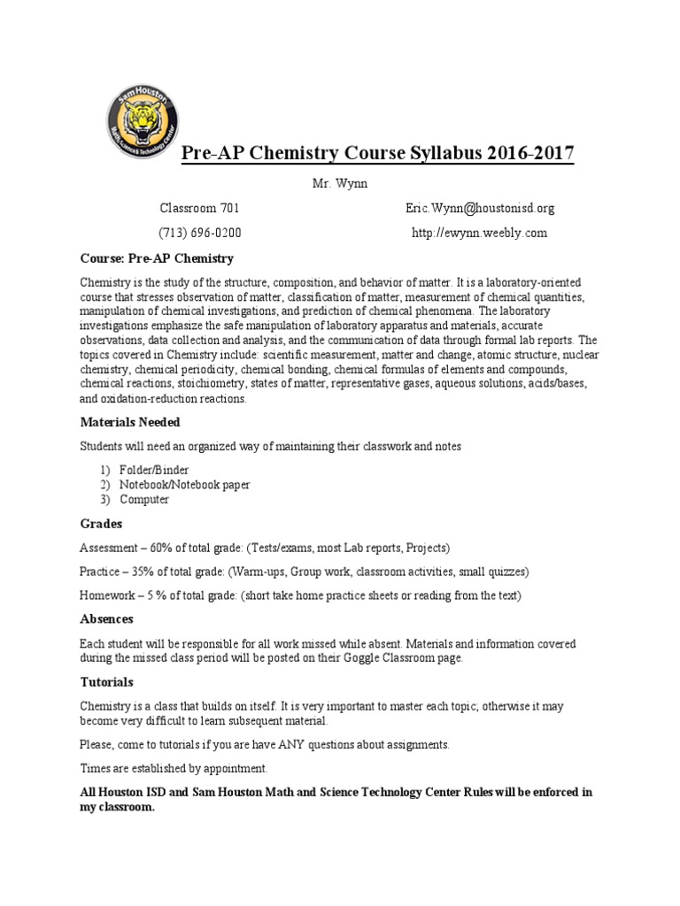 Pre-AP Chemistry Course Syllabus 2016-2017: Mr. Wynn Classroom 701 (713 ...