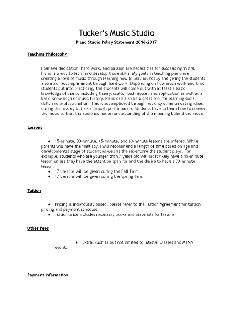 Tucker's Music Studio: Piano Studio Policy Statement 2016-2017 Teaching ...