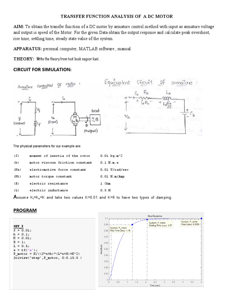 Circuit For Simulation:: Transfer Function Analysis of A DC Motor | PDF