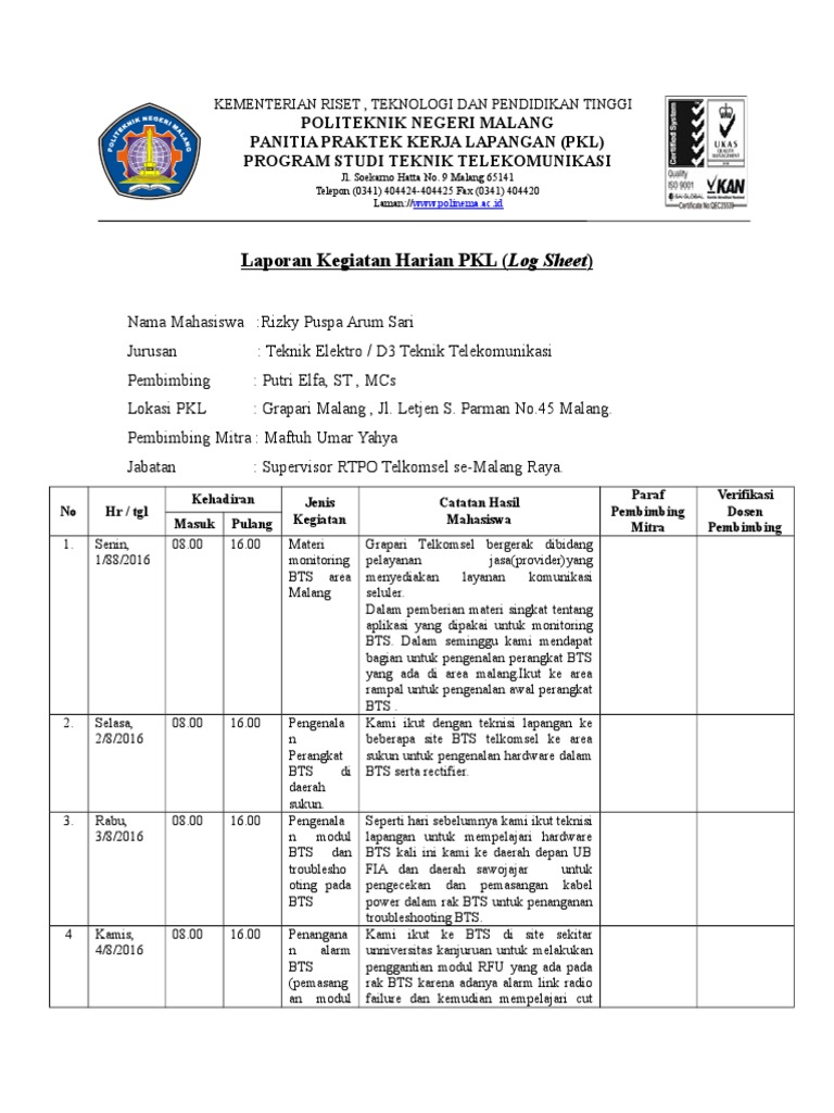 Log Sheet PKL - Rizky P | PDF