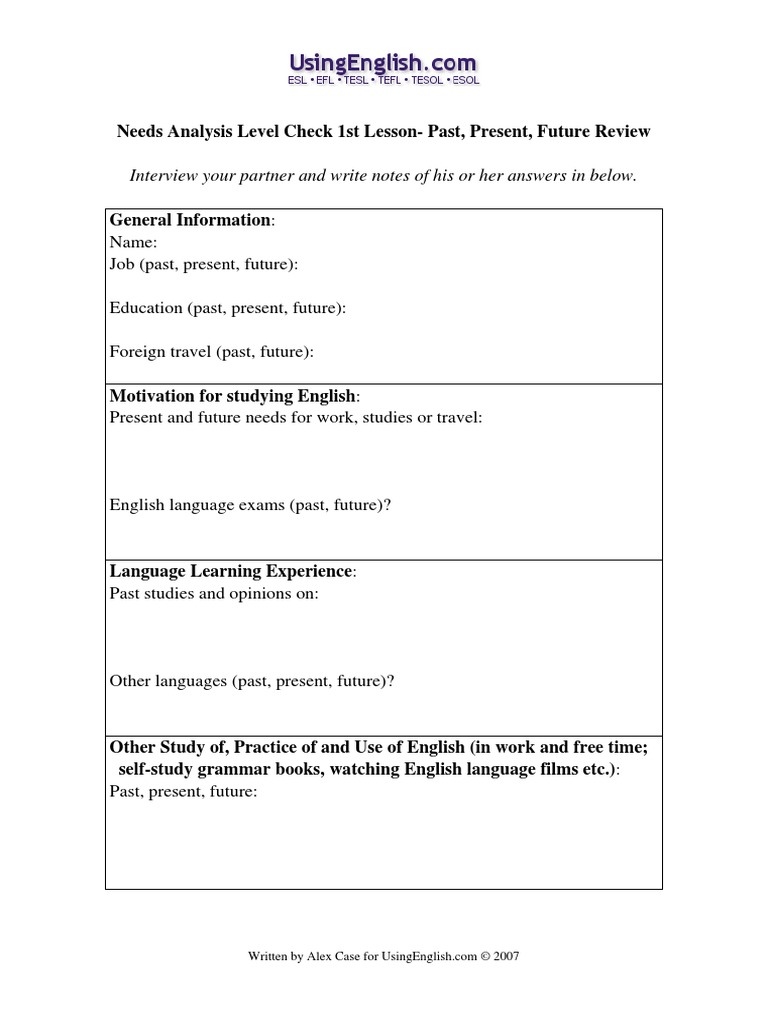 Needs Analysis Level Check First Lesson PDF | PDF | English Language ...