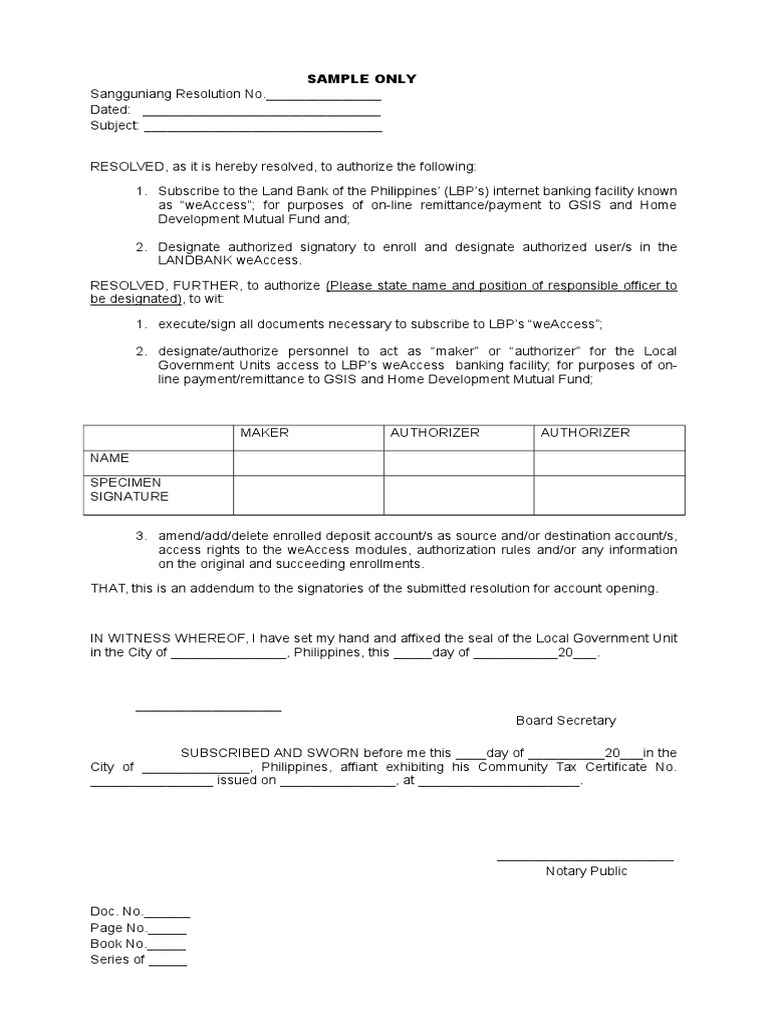 Board Resolution for weAccess Enrollment | PDF