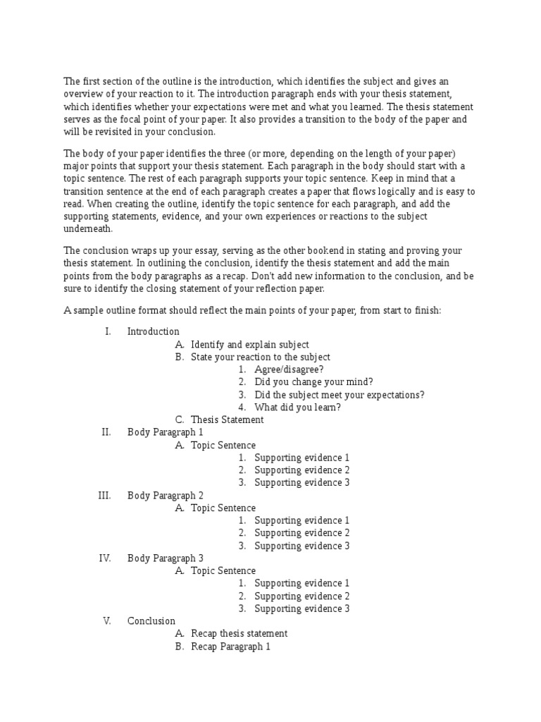 Outline For Reflection Paper