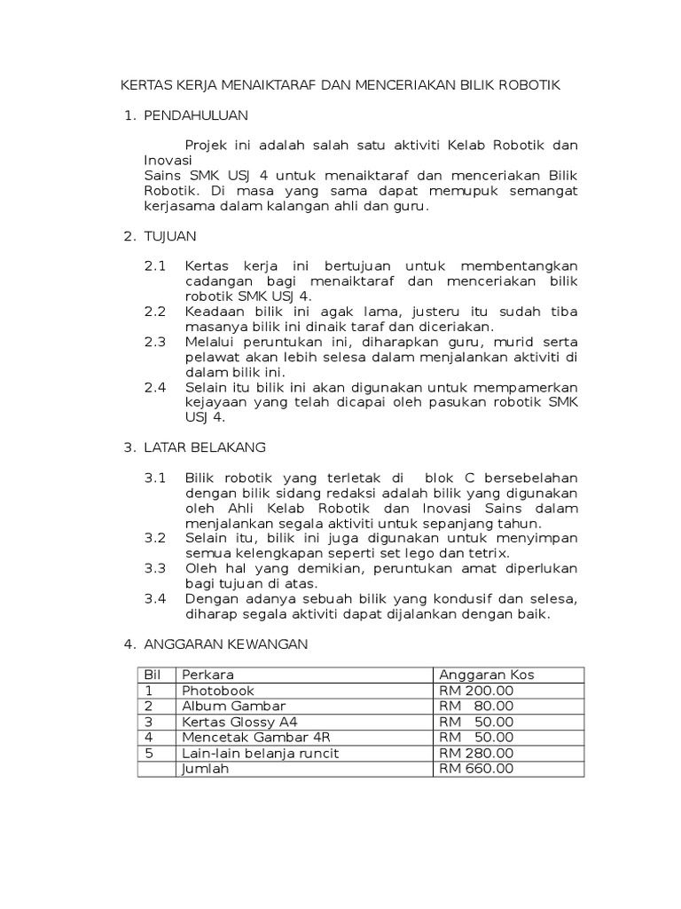Menaiktaraf Bilik Robotik SMK USJ 4 | PDF